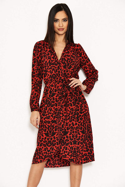 Red Leopard Print V Neck Wrap Dress Ax Paris Us