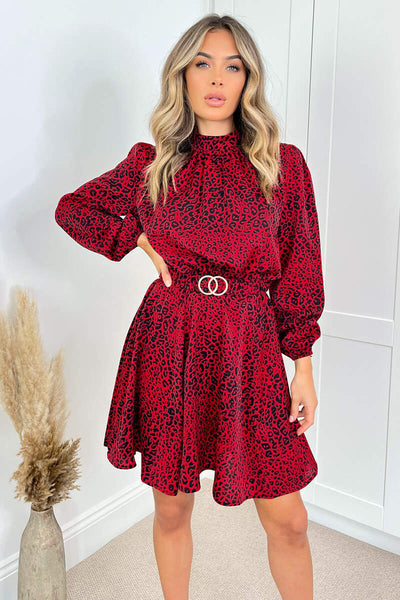 Red Leopard Print Gold Belted Skater Dress – AX Paris US