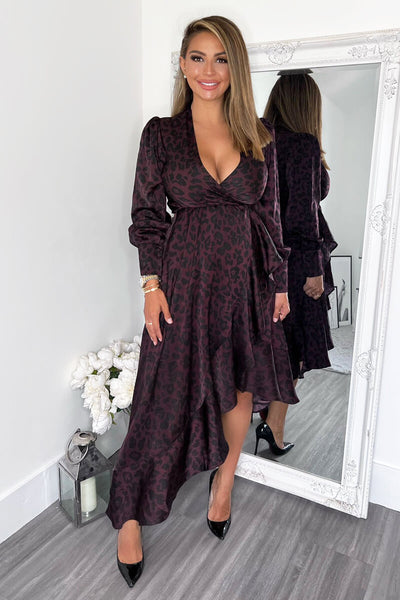 Plum Animal Print Long Sleeve Wrap Over Frill Hem Midi Dress – AX Paris US