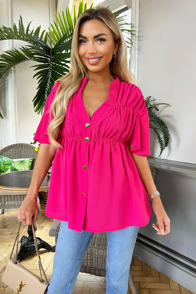 Hot Pink Button Up Ruched Detail Smock V-Neck Top – AX Paris US