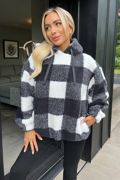 Black Check Drawstring Teddy Hoodie – AX Paris US