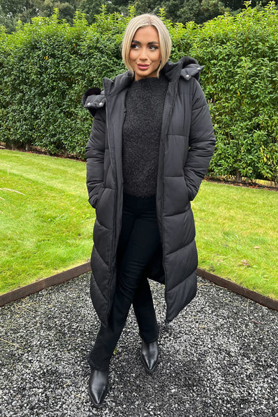 Black Faux Fur Hooded Longline Padded Coat – AX Paris US