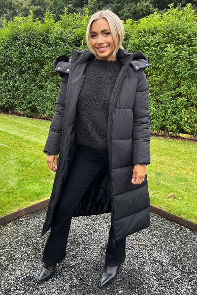 Black Faux Fur Hooded Longline Padded Coat – AX Paris US