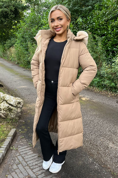 Biscuit Faux Fur Hooded Longline Padded Coat – AX Paris US