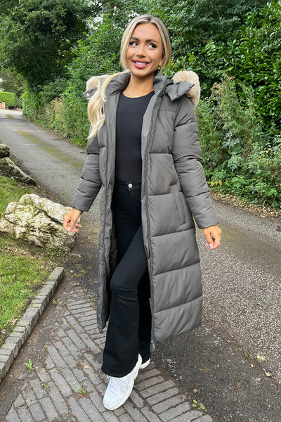 Khaki Faux Fur Hooded Longline Padded Coat – AX Paris US